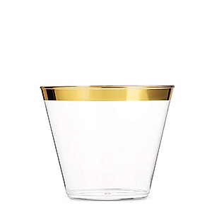 Munfix 100 Gold Plastic Cups - 9 Oz Clear Old Fashioned Tumblers - Fancy Gold Rimmed Cups - Disposable Wedding Cups - Elegant Party Cups with Gold Rim