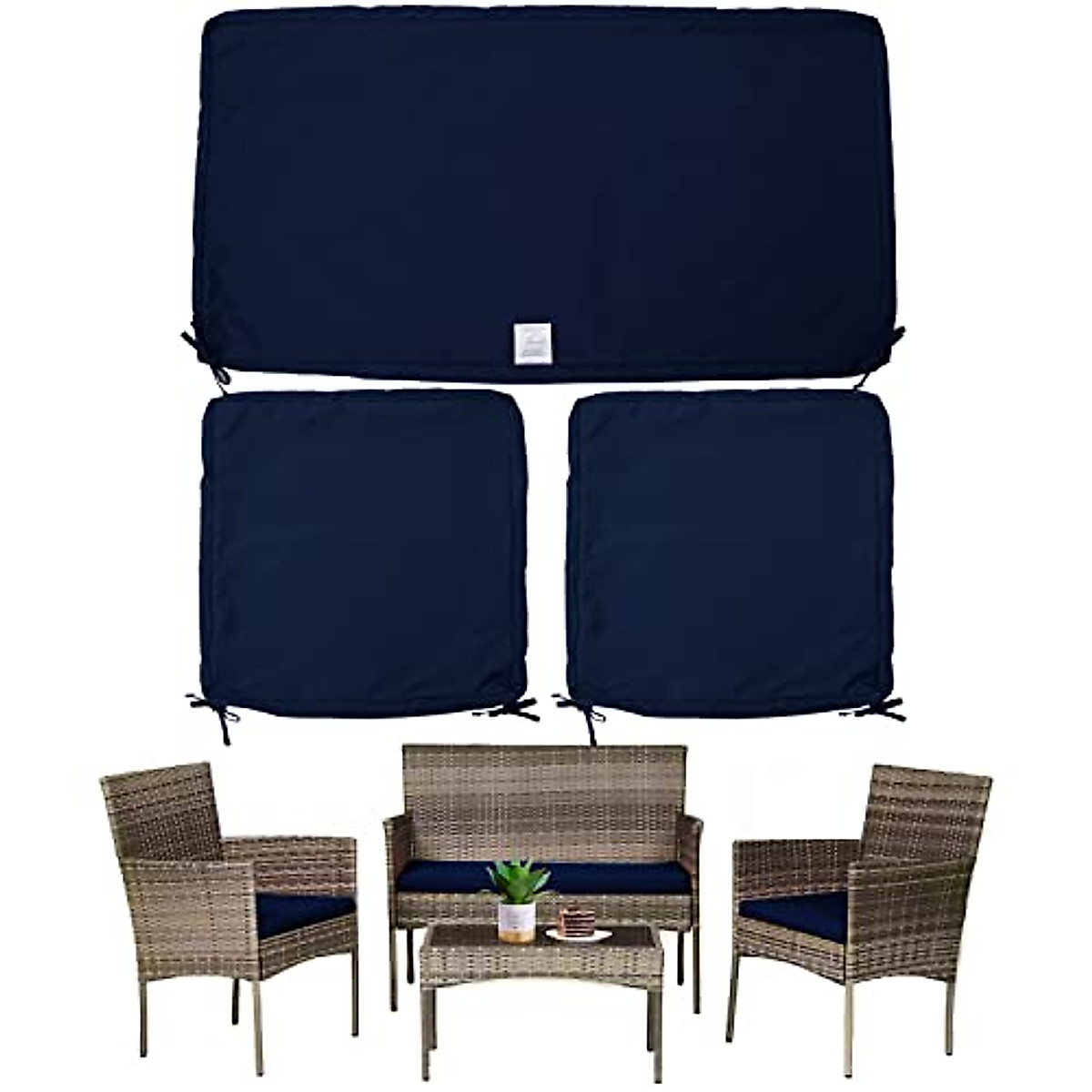 3Pack Outdoor Patio Seat Cushion Replacement Covers Fit for 4Pieces Wicker Rattan Furniture Conversation Set Loveseat Chairs Sofa,Splashproof Fadeless,36x18x2,18x18x2,Navy-Not Filler