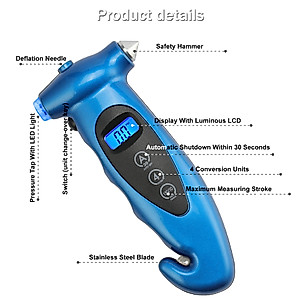 JUSTTOP Digital Tire Pressure Gauge, with Safety Hammer Multi-Function LCD Digital Display Car Tire Pressure Sensing System, Car Window Breaker, Seatbelt Cutter, Blue