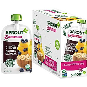 Sprout Organic Baby Food, Stage 2 Pouches, Fruit Veggie & Grain Blend, Blueberry Banana Oatmeal, 3.5 Oz Purees (Pack of 6)