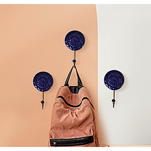 Alpha Living Home Set of 3 Ceramic Wall Coat Hooks, Round Decorative Robe Hook, Scarf, Bag, Towel, Hat etc for Kitchen Bathroom Office Farmhouse Wall Mounted Hanging - Antiue Royal Blue