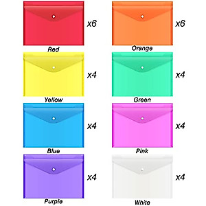 36pcs Plastic Envelopes, Clear Poly Envelopes with Snap Button Closure, Letter Size, Plastic File Folders for School Office Supplies, 8 Colors A4 Size