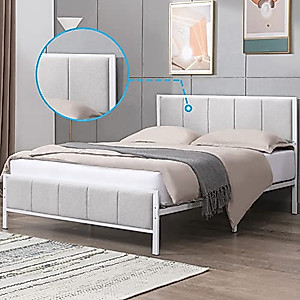 Mjkone California King Size Bed Frame, Linen Upholstered Platform Bed Bedroom, Bed Frame with Channel Tufted Headboard, No Box Spring Needed Light Gray