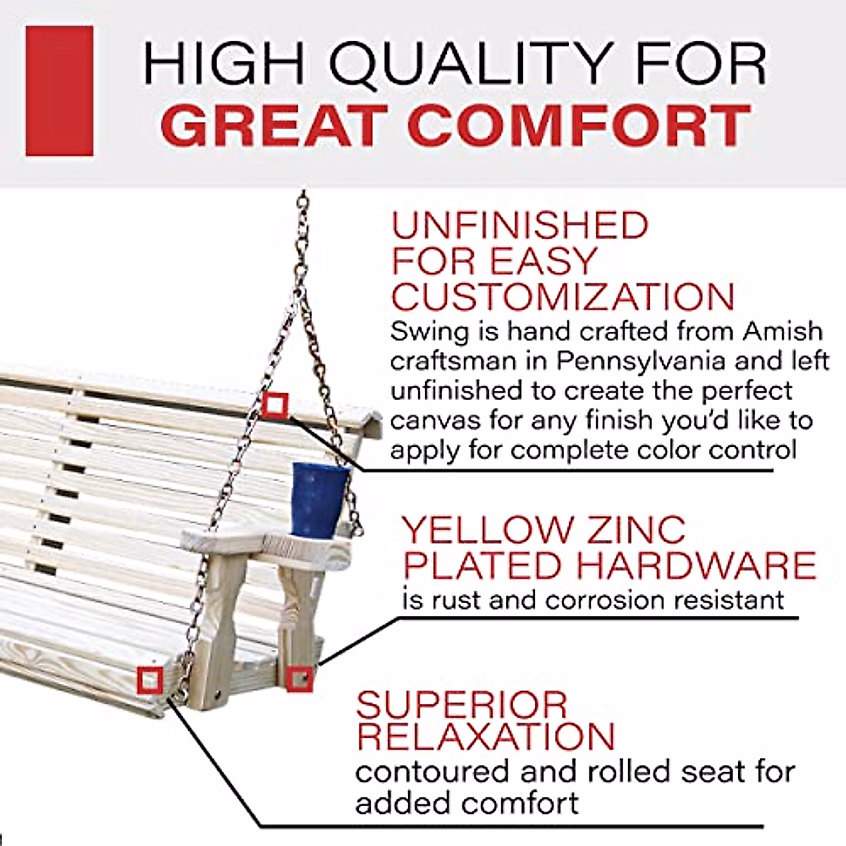 Amish Casual Heavy Duty 800 Lb Roll Back 4ft. Treated Porch Swing with Cupholders