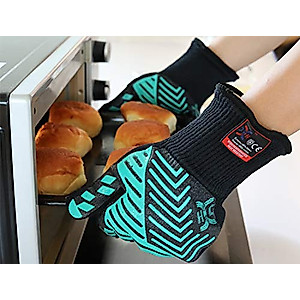 J H Heat Resistant Oven Glove:EN407 Certified 932 °F, 2 Layers Silicone Coating, Oven Mitts for Cooking, Kitchen, Fireplace, Grilling, 1 Pair (Regular Cuff, Black Shell with Green Coating)