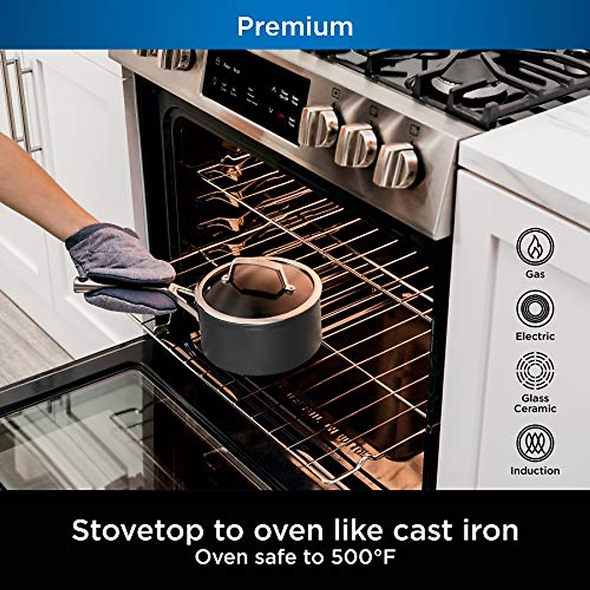 Ninja C30235 Foodi NeverStick Premium 3.5-Quart Saucepan with Glass Lid, Hard-Anodized, Nonstick, Durable & Oven Safe to 500°F, Slate Grey