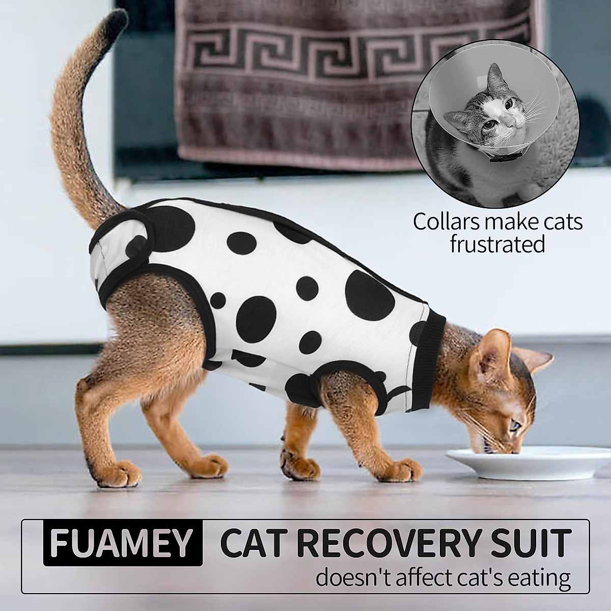 FUAMEY Cat Recovery Suit for Cats Spay,Cat Onesie Abdominal Wounds Surgical Shirts Kitten Skin Protection Bodysuit Cat Anti Licking Wear Female Cats Weaning Clothes Alternative to Cone Black Dot XS