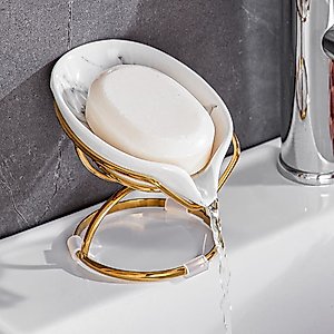 Dobbyby Leaf-Shaped Ceramic Soap Dish with Drain, Soap Holder, Soap Saver, Soap Tray, Bar Soap Holder, Easy Cleaning, for Shower Bathroom Kitchen Sink Bathtub, Pro-Environment White