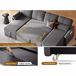 YITAHOME 105" Oversized Sleeper Sofa, 2 in 1 Convertible Sofa Bed with Pull Out Couch Bed and Dual Storage Chaise, U-Shape Sectional Sofa for Living Room, Teddy Fleece, Grey
