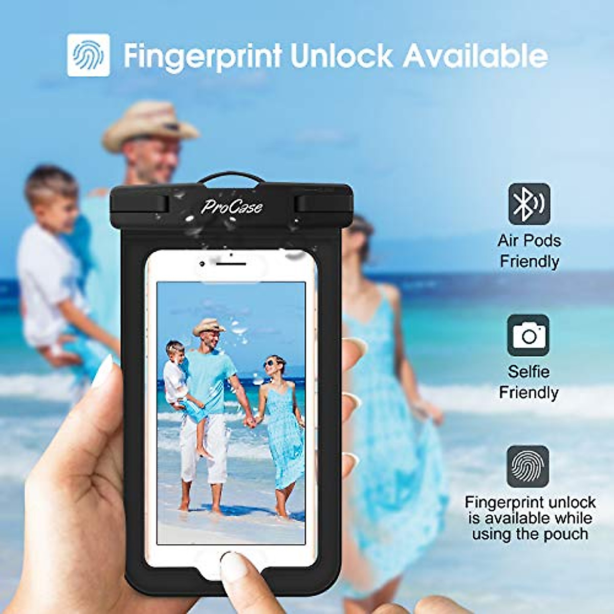 ProCase Waterproof Case with Touch ID, Cellphone Dry Bag Pouch for iPhone Xs Max XR XS X 8 7 6S Plus with Fingerprint Recognition, Galaxy S10 S10e S9 S8+ up to 6.0" - 2 Pack Black