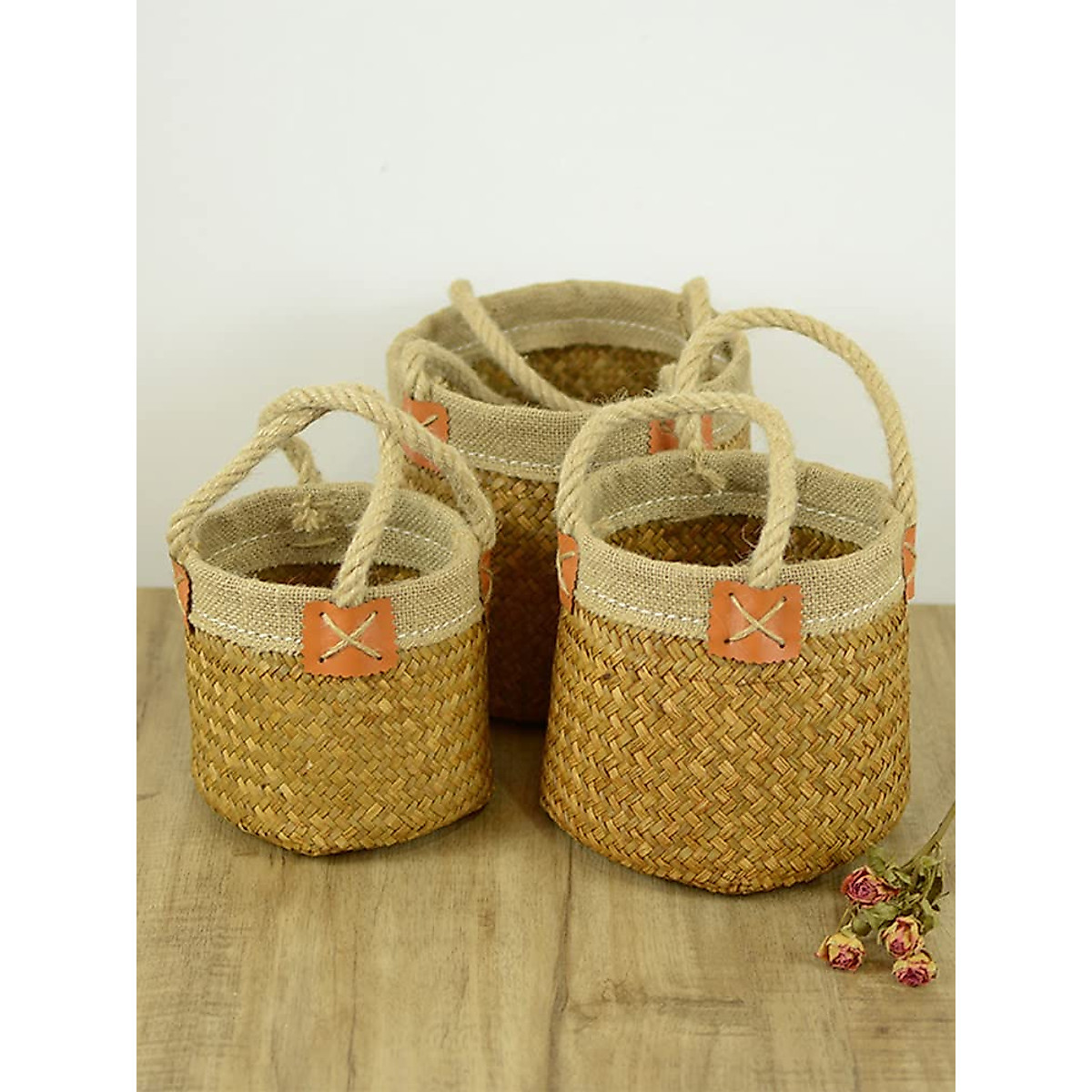 Keebgyy Woven Baskets, Belly Basket with Handles, Multi Purpose Seaweed Belly Basket with Handle, Decorative Basket for Living Room and Bedroom and for Storage of Blankets, Home Decor(#3)