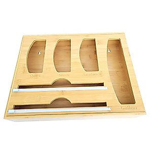Redesigned and OVERSIZED ZipLock Bag storage organizer with plastic wrap and aluminum foil dispenser with cutter. 4 slots - Quart, Sandwich, Freezer and Gallon size.