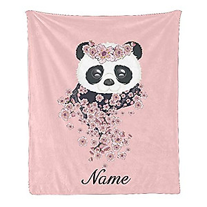 CUXWEOT Custom Blanket with Name Text Personalized Cherry Blossom Panda Soft Fleece Throw Blanket for Gifts (50 X 60 inches)