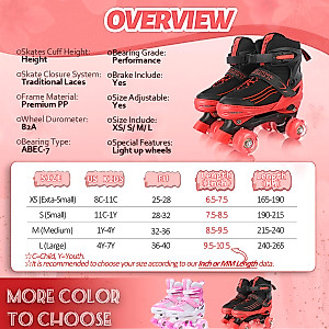 LEJIJIT Roller Skates for Kids Boys Girls Toddler Ages 3-12, Adjustable 4 Sizes for Kids and Youth Teen with Light Up Wheels, Quad Red Roller Skates for Sports (Youth 4Y-7Y)