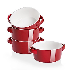 Sweejar Porcelain Soup Bowls with Handles, 28OZ Substantial Crocks for Soup, Oatmeal, Ramen, Functional and Stackable Set of 4, Dishwasher and Microwave Safe (Red)
