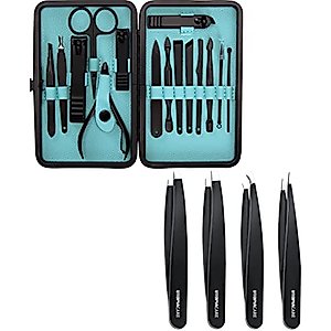 Utopia Care - Professional Stainless-Steel Tweezers Set (4-Piece) and Manicure Kit (15-piece) – Precision Tweezers for Ingrown Hair, Facial Hair, Splinter, Blackhead, and Tick Remover- Women Men Nail