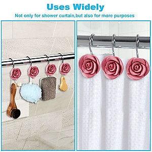 AGPTEK Rose Shower Curtain Hooks, 12PCS Anti Rust Decorative Resin Hooks for Bathroom, Baby Room, Bedroom, Living Room Decor (Pink Rose)