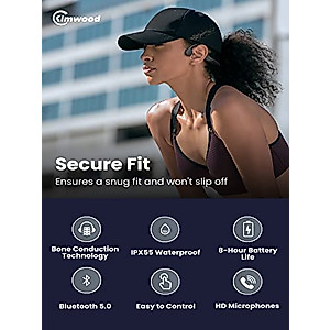 Kimwood Bone Conduction Headphones, 2022 Upgraded Open-Ear Wireless Bluetooth Sport Headphones with Microphones, 8Hr Playtime, Waterproof Wireless Earphones for Workout, Running, Gym, Hiking, Cycling