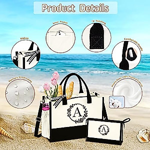 QLOVEA Thank You Gifts for Women, Birthday Gifts for Women, Personalized Monogrammed Canvas Travel Beach Tote Bag with Strap, Reusable Grocery Bags-Gifts for Wedding Bridemaids Friend Teacher Letter K