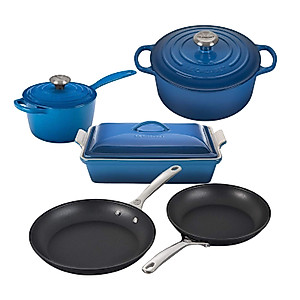 Le Creuset 8 Piece Multi-Purpose Enameled Cast Iron with SS Knobs, Stoneware, and Toughened Nonstick PRO Fry Pan Complete Cookware Set - Marseille
