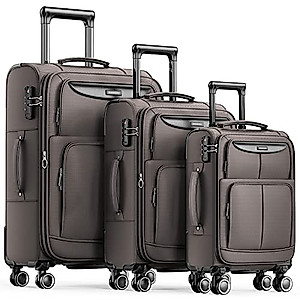 SHOWKOO Luggage Sets 3 Piece Softside Expandable Lightweight Durable Suitcase Sets Double Spinner Wheels TSA Lock Light Coffee (20in/24in/28in)­