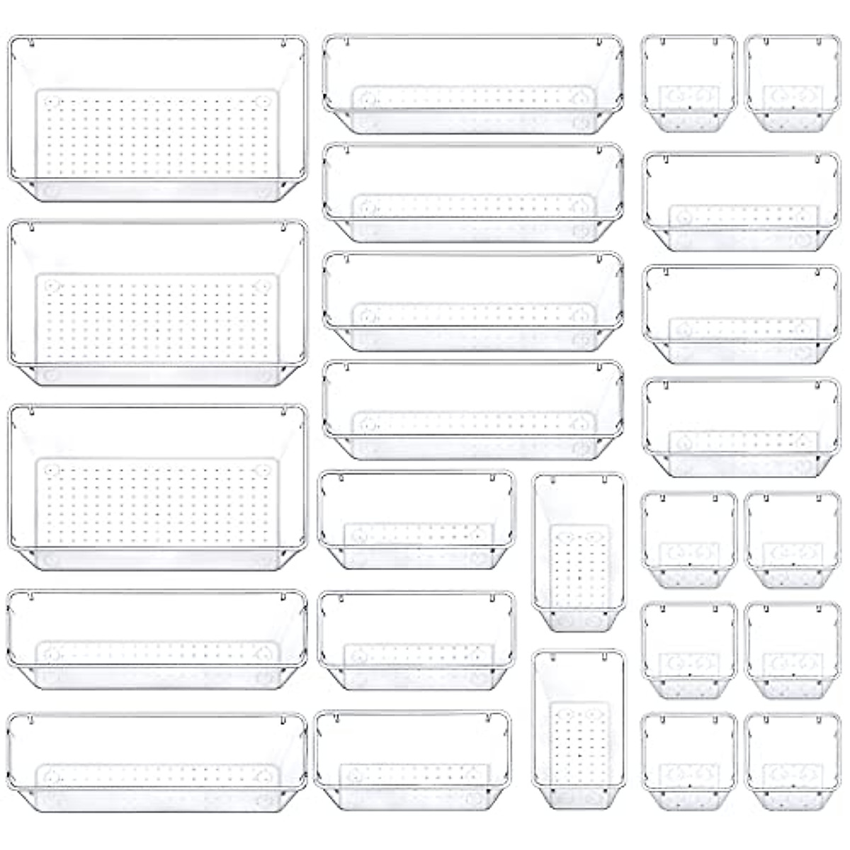 QUEFE 25 PCS Drawer Organizer Set, 4-Size Clear Plastic Drawer Organizers Trays Bathroom Organizers Dresser Storage Bins Separation Box for Makeup, Jewelries, Gadgets, Bathroom, Office, Bedroom
