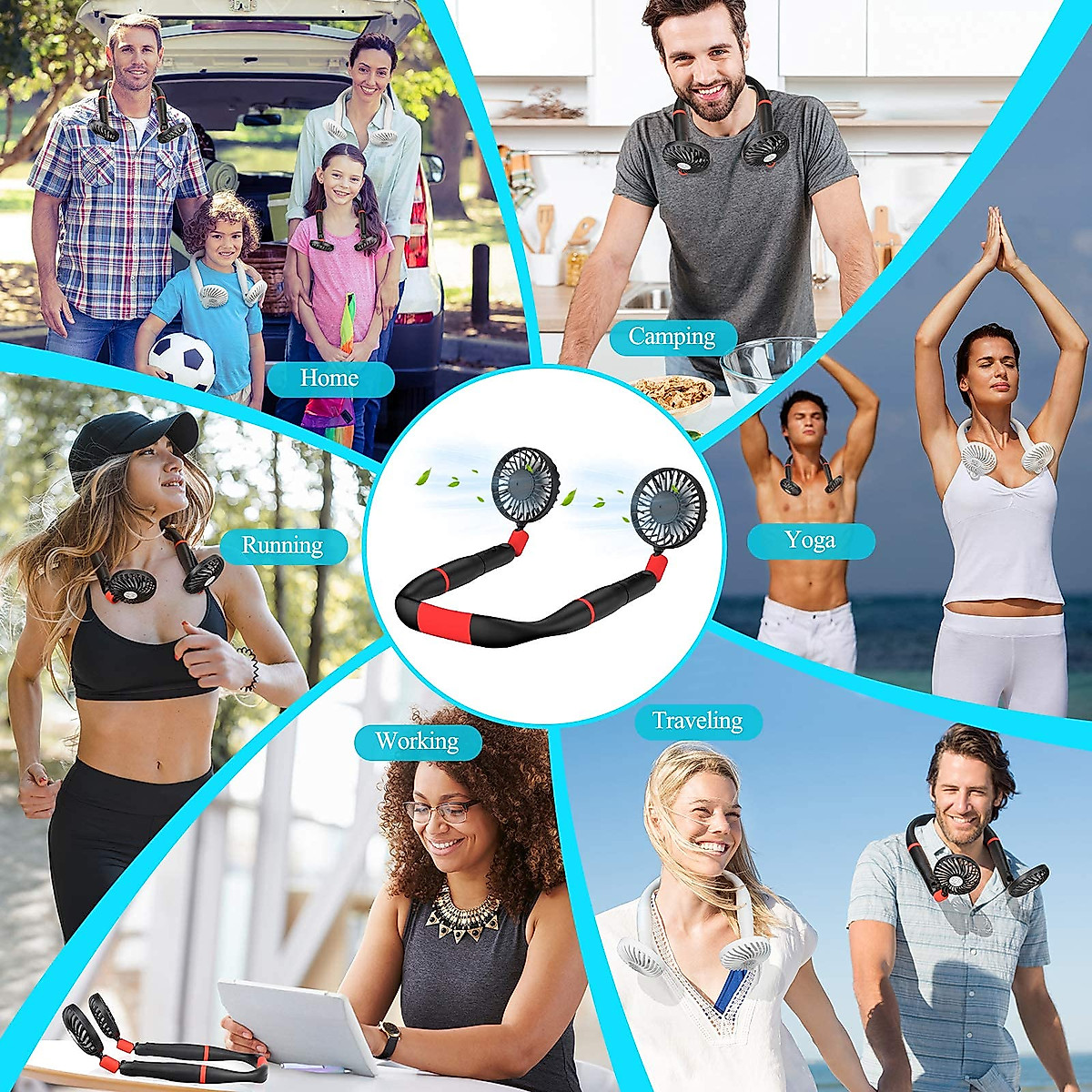 Howkes Handheld and Neck Fans, 2 in 1 Hand and Wearable Fan, 4000 mAh Battery, USB Charge, 3 Speed with Display Screen, (Black Red)