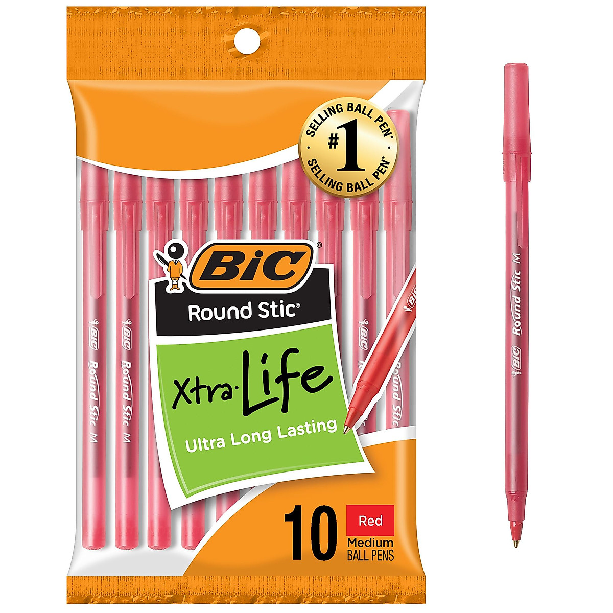 BIC Round Stic Xtra Life Ballpoint Pen, Medium Point (1.0mm), Red, 10-Count