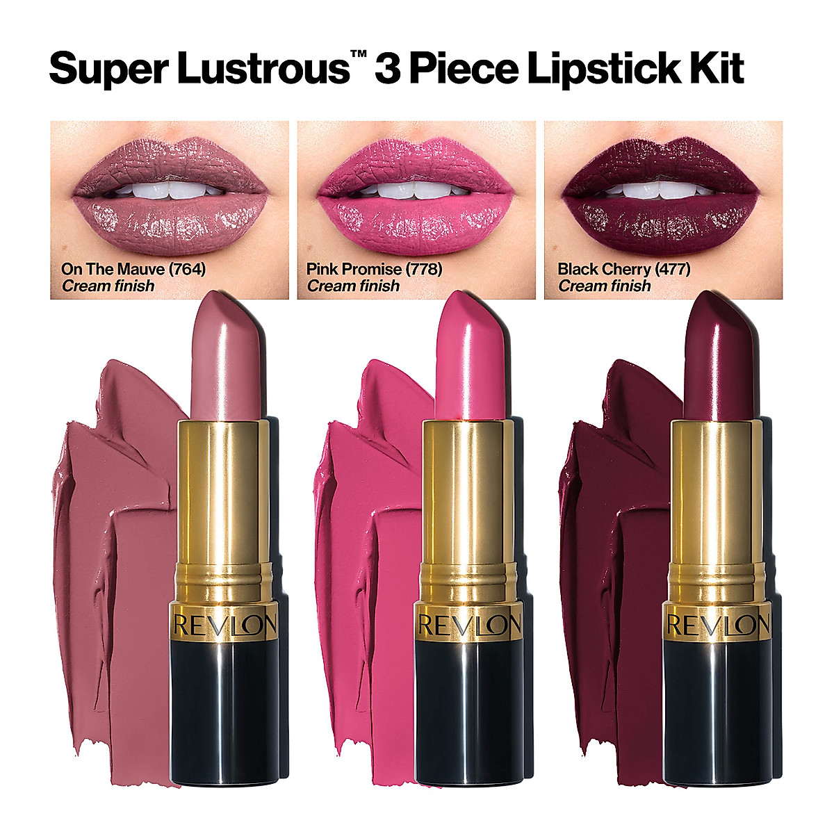 Revlon Super Lustrous 3-Piece Lipstick Gift Set, High Impact, Moisturizing, Cream Finish, 764 On The Mauve, 778 Pink Promise, 477 Black Cherry, 0.45 Oz