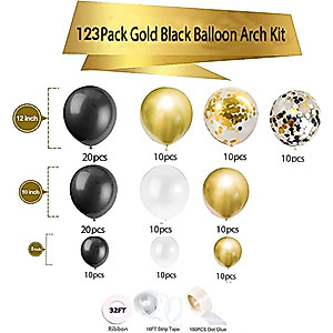 123 Pack Gold Black Balloon Arch Garland Kit, White Gold Black Confetti Balloons for Graduation Party Wedding Birthday Baby Shower Decorations