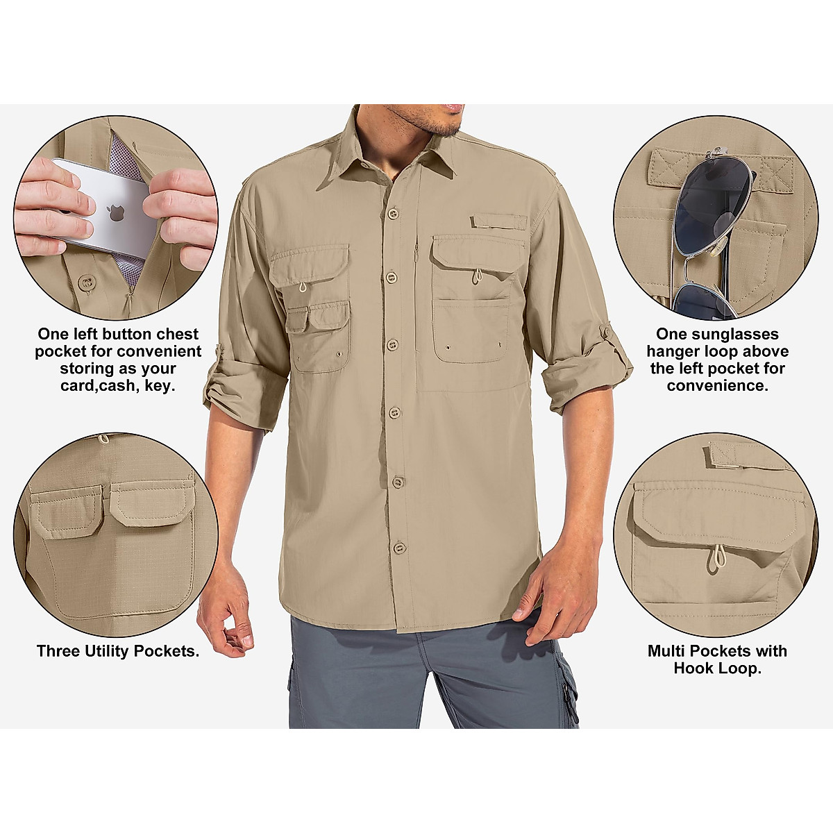 linlon Mens Safari Shirts Long Sleeve UV Protection Hiking Fishing UPF 50+ Quick Dry Cooling Camping Travel Shirts#5066-Khaki-2XL