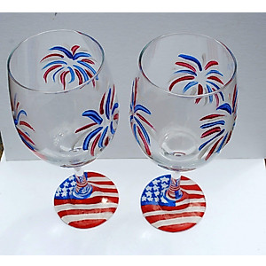 Fireworks USA American Flag Hand Painted Stemmed Wine Glasses Set of 2