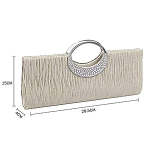 HOOLUCK Women's Rhinestone Satin Pleated Evening Bag Crystal Clutch Purse with Silver Chain Strap Champagne