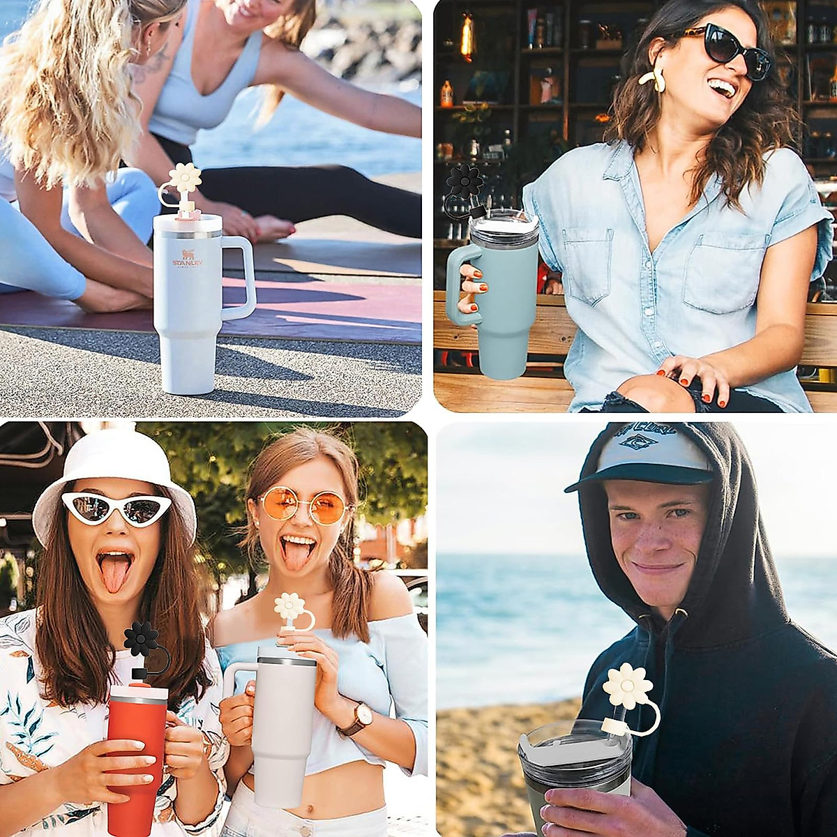 Avky 4 Pcs Straw Cover Cap for Stanley Cup, 10mm 0.4in Flower Shape Straw Covers Cap with 30&40 Oz Tumbler with Handle Dust-Proof Reusable Straw Tips Lids Black & Off White