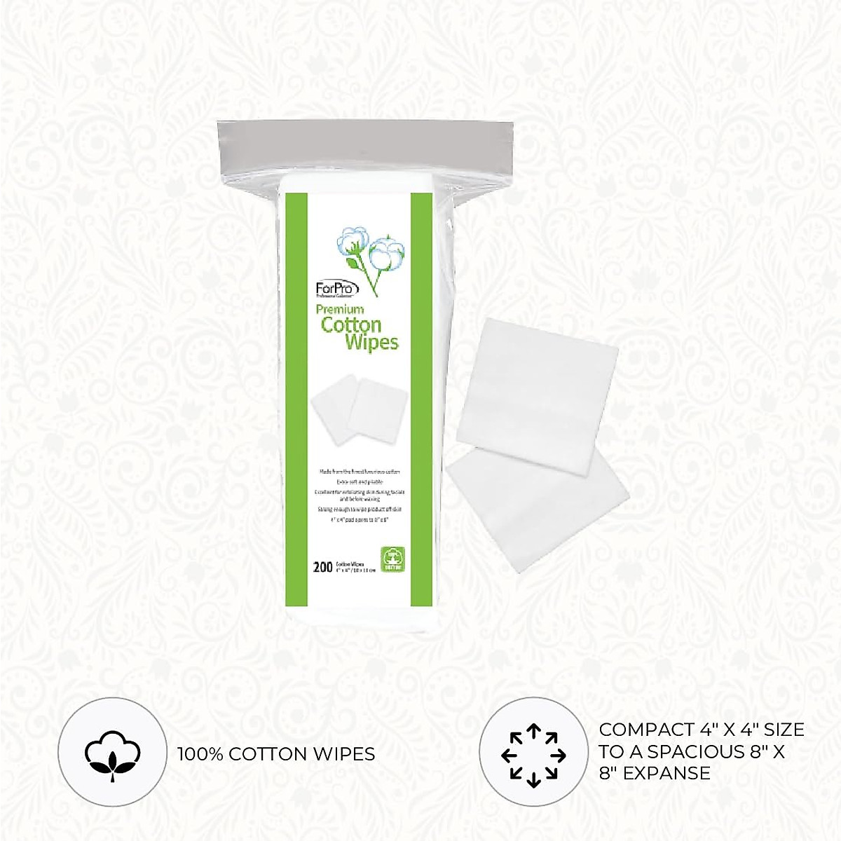 ForPro Professional Collection Premium Cotton Wipes, 100% Cotton, Extra-Soft, for Cosmetic, Nail, and Personal Care, 4” x 4”, 200-Count