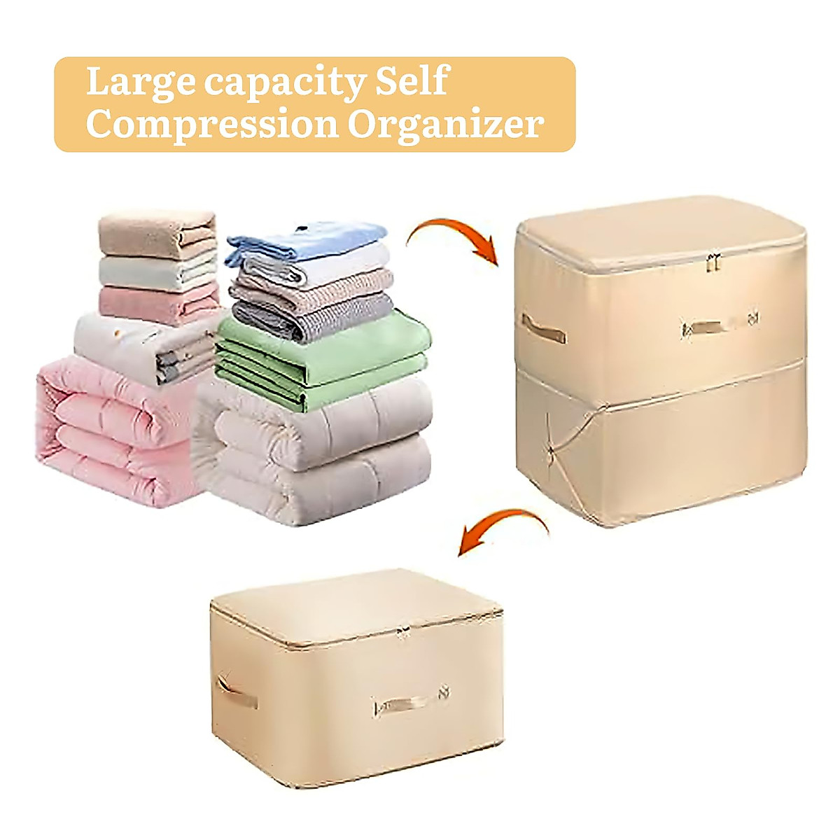PLUG Large Capacity Blanket Storage, Ultra Space Saving Self Compression Organizer Foldable Comforter Storage Bags King Size for Clothes, Sweater, Bedding, Pillow with Handles