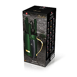 Berlinger Haus Kitchen Knife Set with Block, 7 Piece Knives Set for Kitchen, Elegant Design Cooking Knives with Kitchen Shears, Sharp Cutting Stainless Steel Chef Knife Set with Mobile Stand, Green