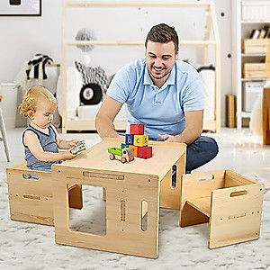 Montessori Weaning Table and Chair Set - Wood Weaning Table and 2 chairs, Solid Wooded Toddler Table, Cube Chairs for Toddlers, Kids Montessori Furniture for Arts & Crafts Snack Time Playing Study
