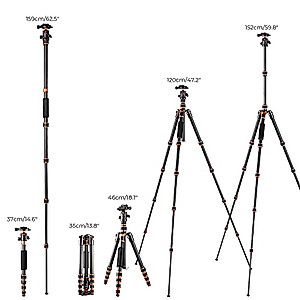 K&F Concept 60 inch Carbon Fiber Camera Tripod,Super Lightweight Compact Travel Tripod with 360 Degree Ball Head,Quick Release Plate,Detachable Monopod 8KG Load Capacity for SLR DSLR C225C0 (BA225)