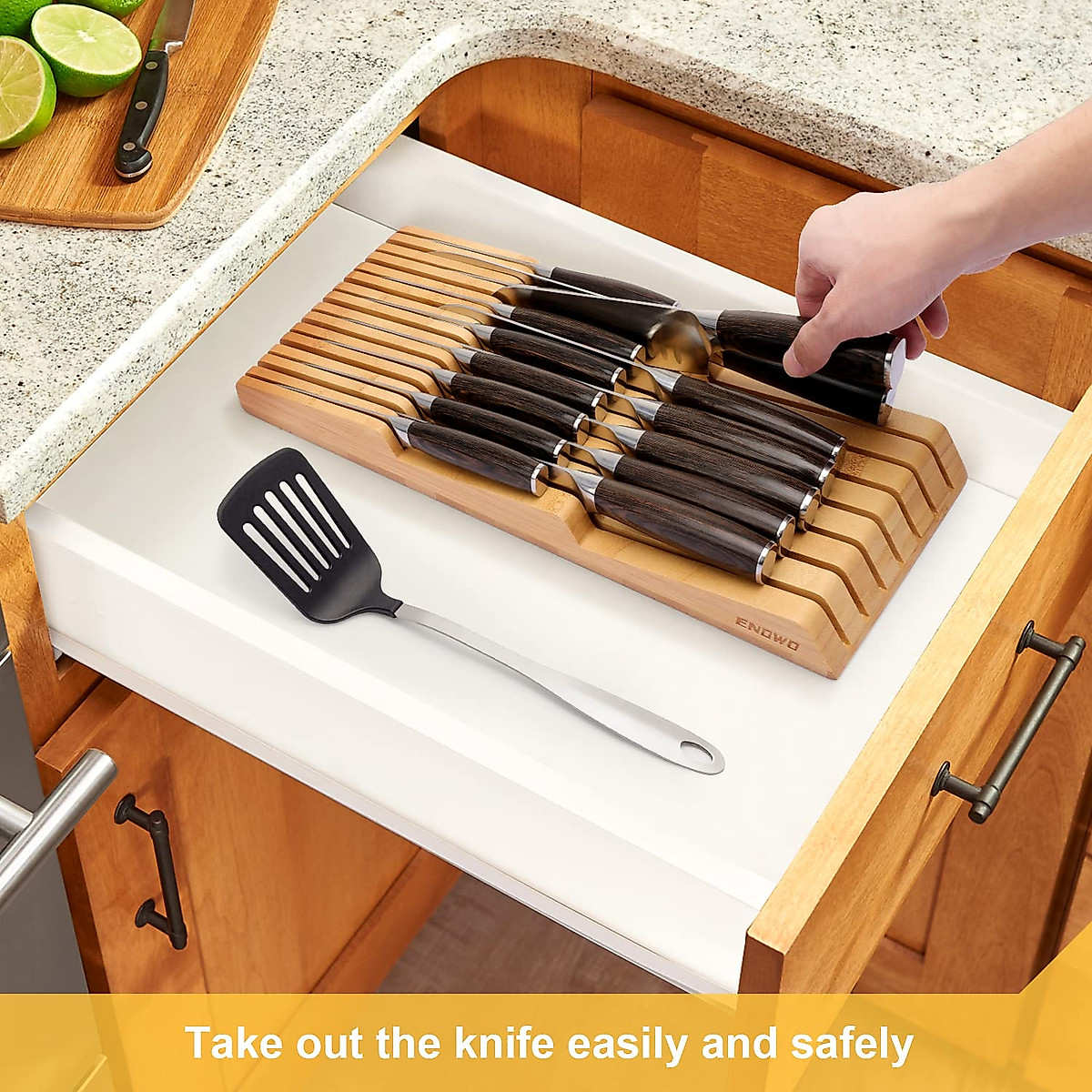 enowo Bamboo Knife Block Knife Drawer Organizer, Knife Holder for Kitchen Drawers Hold 15 Knives(Not included), Kitchen Knife Organizer Drawer Insert, Perfect for Home and Chefs
