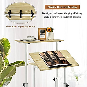 Tangkula Mobile Standing Desk Stand Up Desk, Height Adjustable Computer Desk with Standing & Seating 2 Modes, Tilting Tabletop & Flexible Wheels, Rolling Laptop Cart Sit Stand Desk