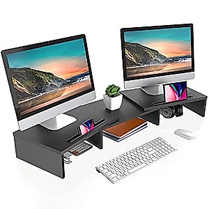 FITUEYES Dual Monitor Stand – 3 Shelf Computer Monitor Riser, Wood Desktop Stand with Adjustable Length and Angle, Desk Accessories, Office Supplies Light Black,DT111101WB