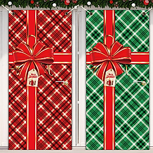 2 Pieces Christmas Door Cover Buffalo Checkered Plaid Photography Backdrop Bowknot Gift Box Door Hanging Covers Merry Christmas Door Decoration for Home Wall Outdoor Indoor Party Holiday Xmas Eve