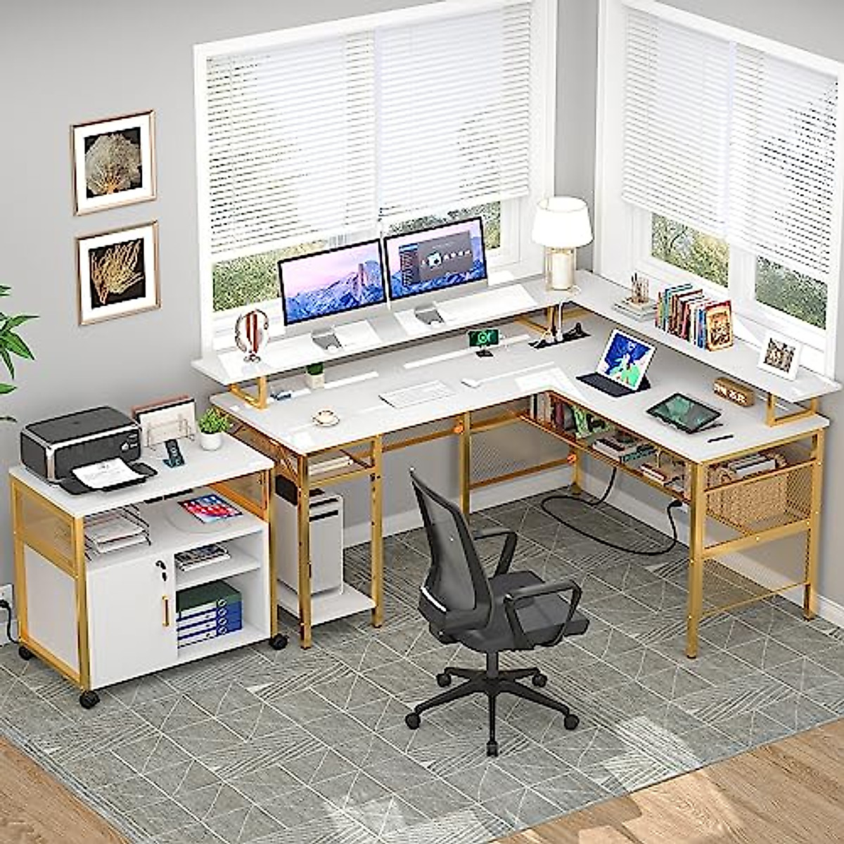 Unikito L Shaped Desk with LED Strip and Power Outlets and Rolling Printer Stand with LED Lights File Cabinet, Home Office Desk and Lateral Office Storage Filing Cabinet, White