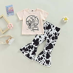 Western Baby Girl Clothes Letters Print Short Sleeve T-Shirt Tops Cow Print Flared Pants Set Bell Bottom Outfit (Beige, 2-3 Years)