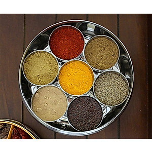 ARTISENIA Stainless Steel Spice Container Masala Box 7 Containers and 2 Small Spoon Masala Box Indian Masala Dabba - 7.5 Inch Diameter