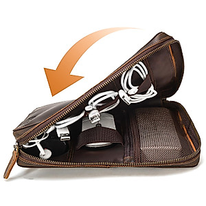 Polare Full Grain Leather Travel Cable Organizer Case Electronics Accessories Carry Bag with YKK Zippers Tech Storage Bag for Cables, Power Bank, USB, SD Card, Travel Essentials