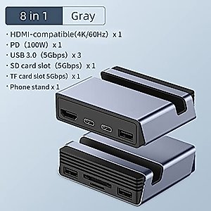 CHYSP USB C Hub Type-C Docking Station Type-C to 4K HDMI-Compatible PD SD/TF Card Reader RJ45 Phone Holder Stand