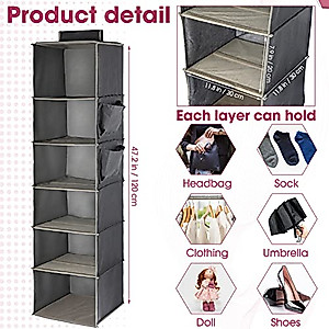 3 Pack Hanging Closet Organizers and Storage, 6 Shelf Hanging Clothing Shelves Collapsible Clothes Closet Organizer Storage Fabric Shelves with Side Pockets