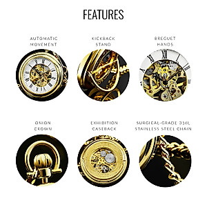 Stuhrling Original Men's Pocket Watch Stainless Steel Analog Skeleton Watch Hand Wind Mechanical Movement Stainless Steel Chain (Silver) (Gold)